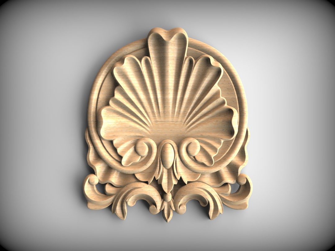 Carved Scallop Shell and Scroll Wood Applique – Decorative Wooden Onlay ...