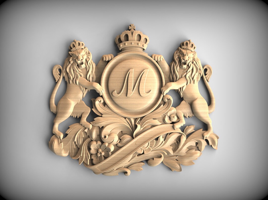 Custom Carved Wooden Coat of Arms With Lions and Monogram Letter M ...