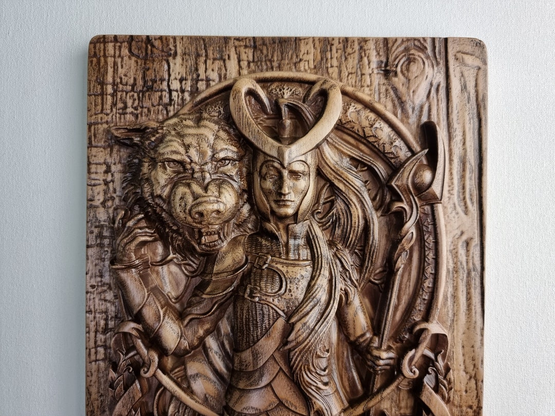 Carved Loki God Wooden Panel – Painted Norse Mythology Wall Art With ...