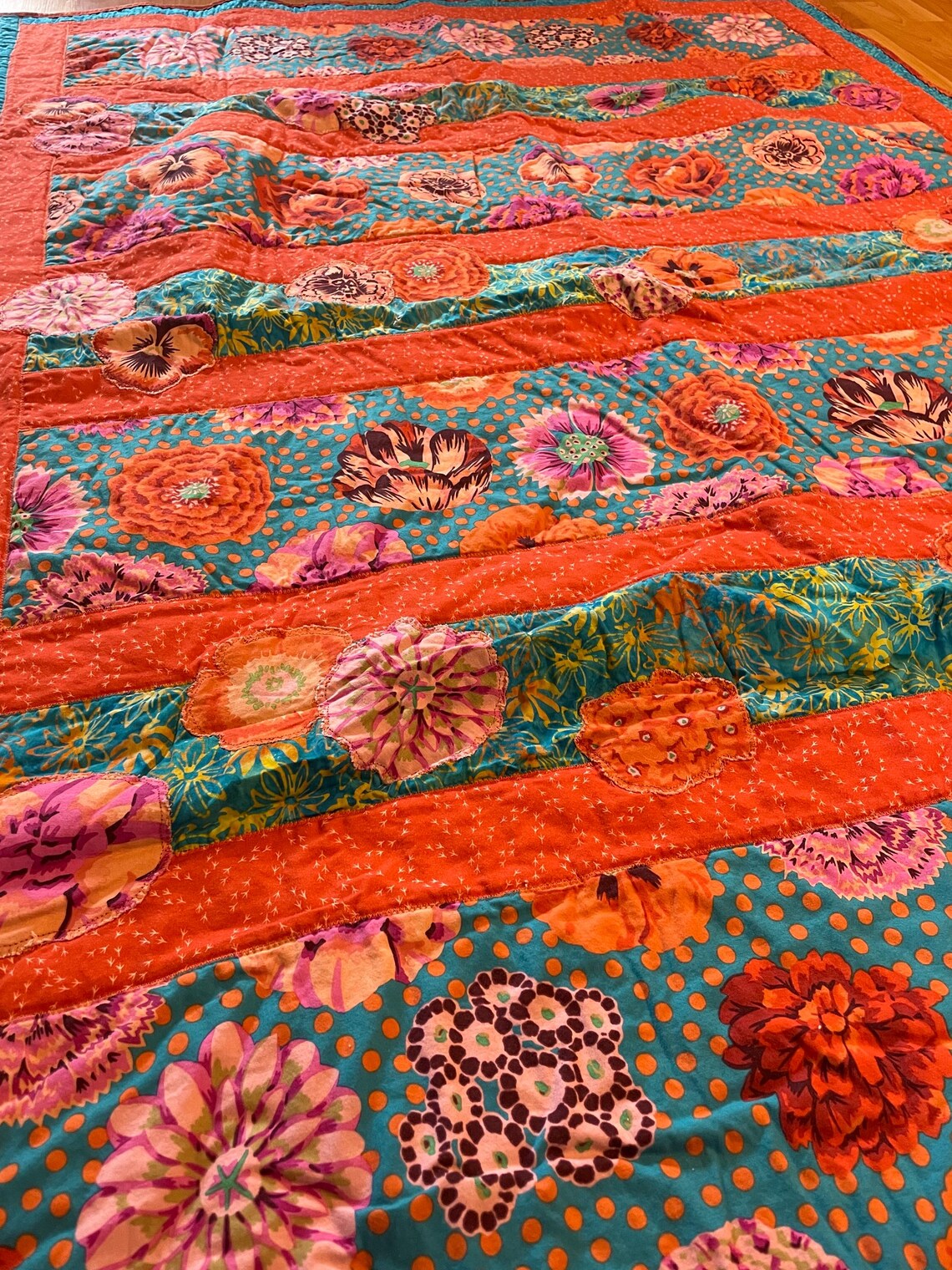Handmade Floral Quilt Throw: Orange & Blue Pre-washed Blanket (44”x60 ...