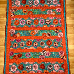 Handmade Floral Quilt Throw: Orange & Blue Pre-washed Blanket (44”x60 ...