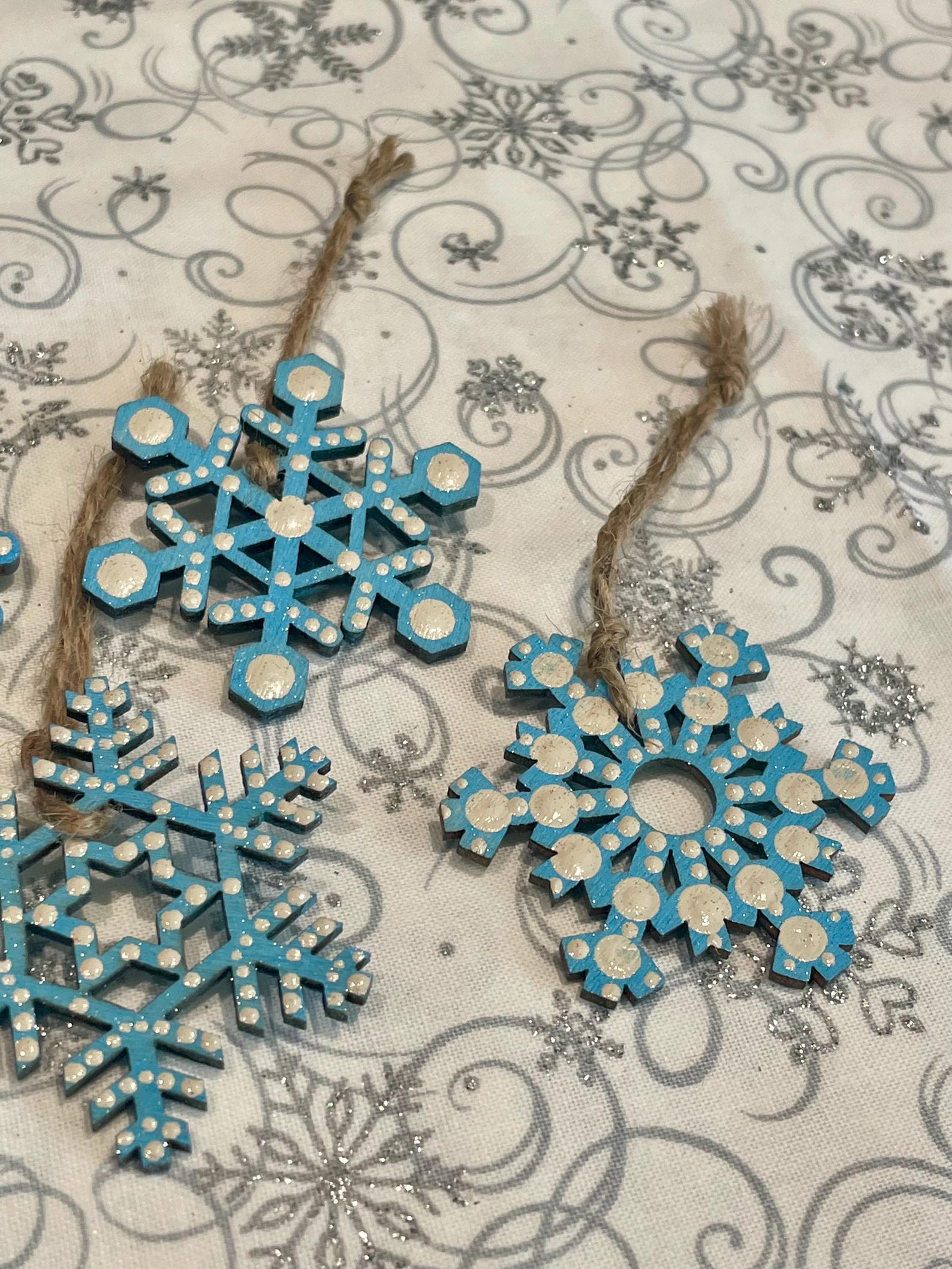 Set of 10 Baby Blue Wooden Snowflake Ornaments | Handpainted Holiday ...