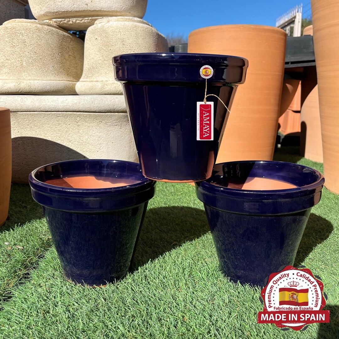 Set X 3 Cobalt Blue Spanish Ceramic Floor Pots Hand Painted Hand ...