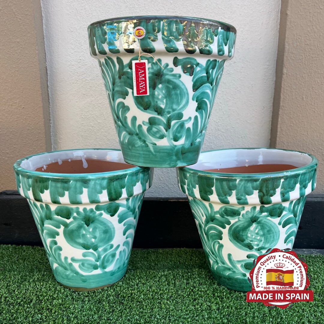 Set X 3 Spanish Ceramic Floor Pots Granada Decoration Fajalauza Green ...