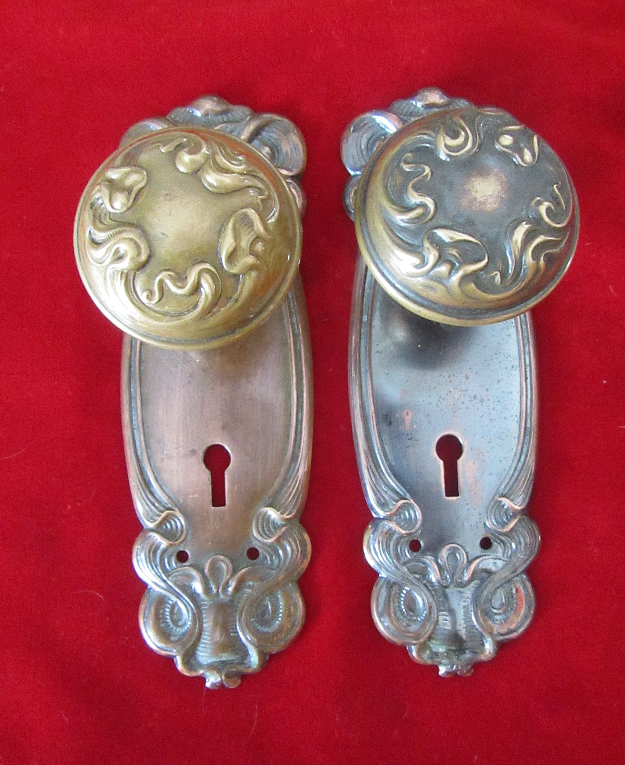 ALBY, Art Nouveau Wrought Brass Set Including 2 Door Knobs, 2 Back ...