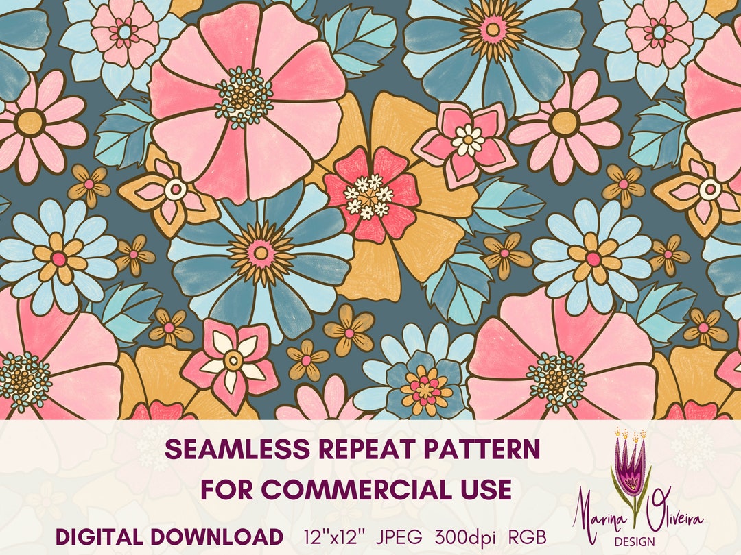 Retro 70s Floral Seamless Pattern for Fabric, Blue, Pink, Mustard ...
