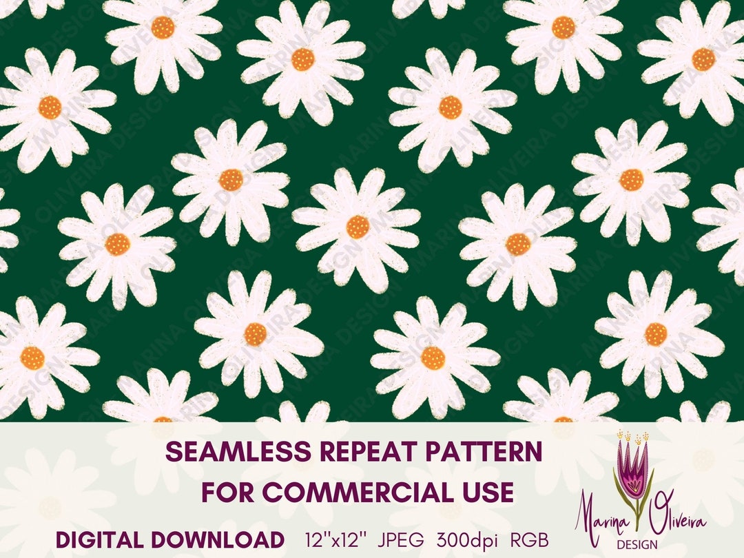 Emerald Green, White Daisies Pattern, Spring Floral Seamless Pattern ...