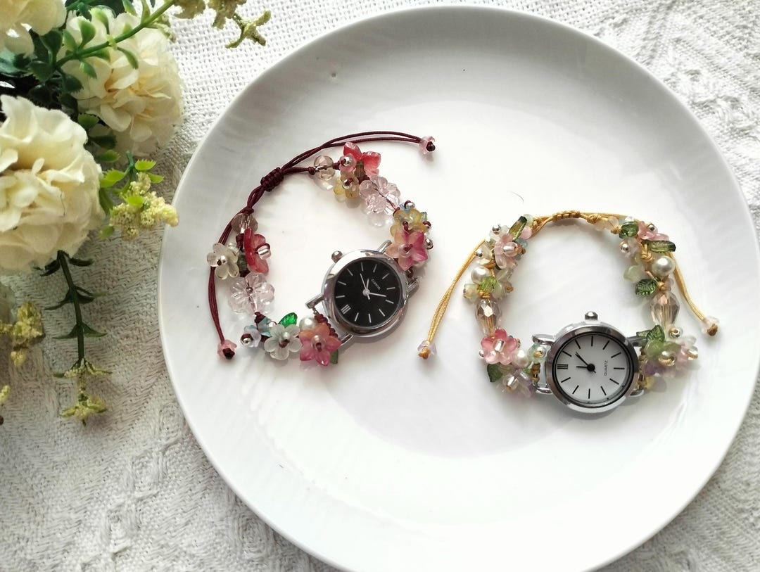 Handmade Beaded Flower Watch Bracelet: Adjustable Cord, Fairycore ...