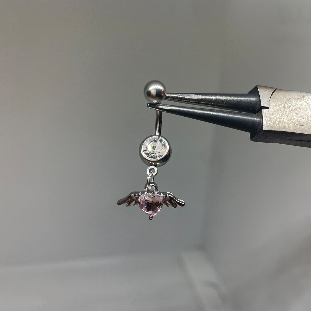 Pink Heart + Silver Angel Wings Belly Bar | Piercings, Handmade ...