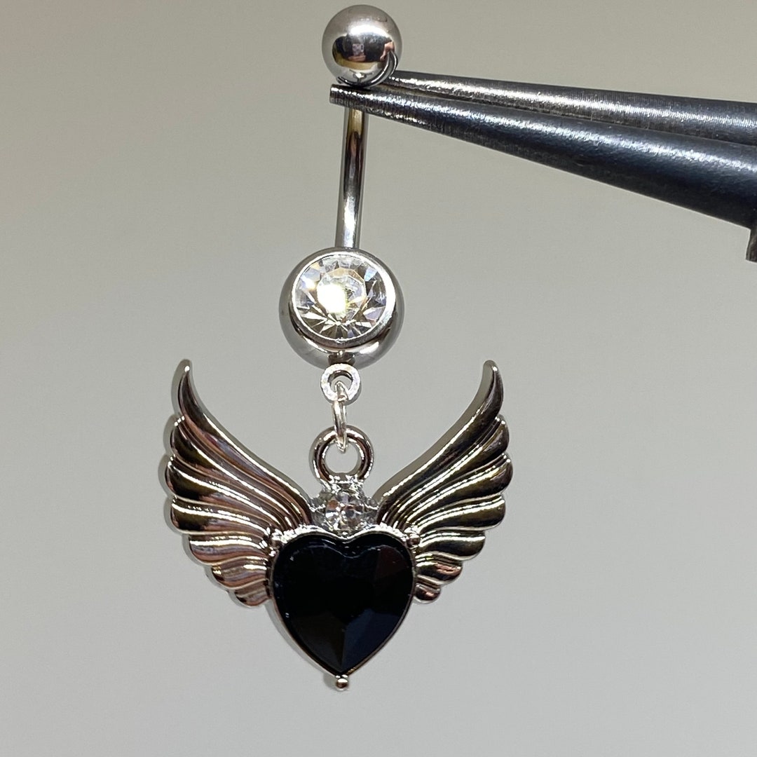 Black Heart + Silver Angel Wings Belly Bar | Piercings, Handmade ...