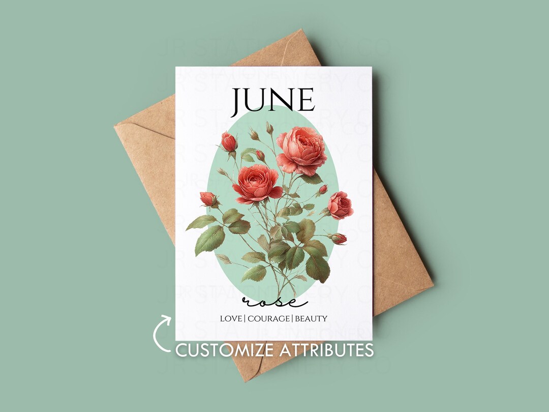 June Birth Month Flower Card, Rose Birth Flower, Flower Greeting Card ...