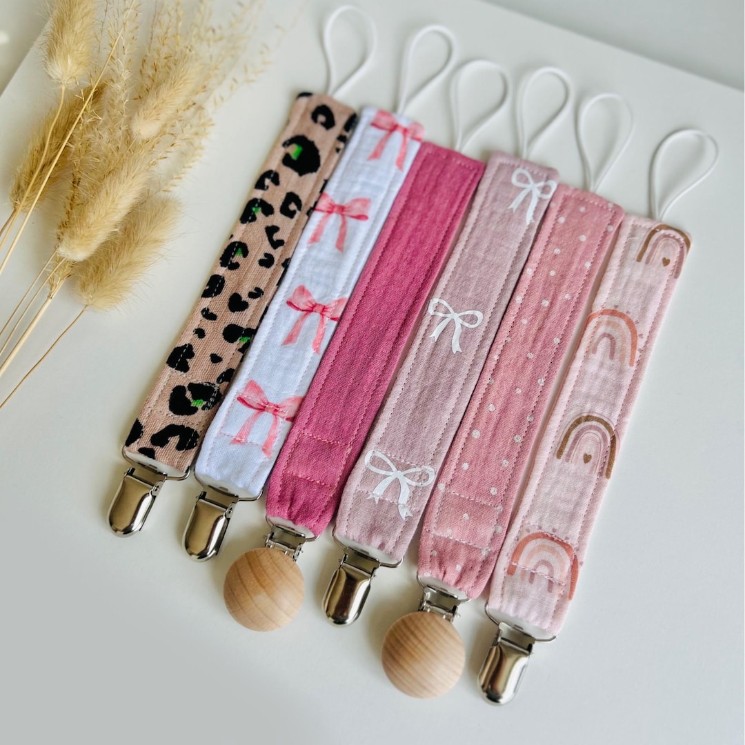Pink Bow Fabric Pacifier Clip Pink Simple Binky Clip Girl Soft Dummy ...