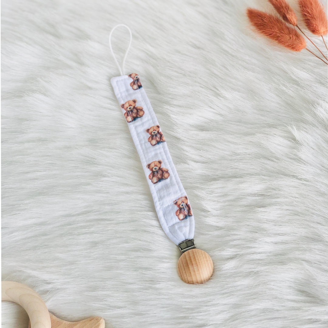Teddy Bear Pacifier Clip Bear Theme Soother Chain With Beech Wood Clip ...