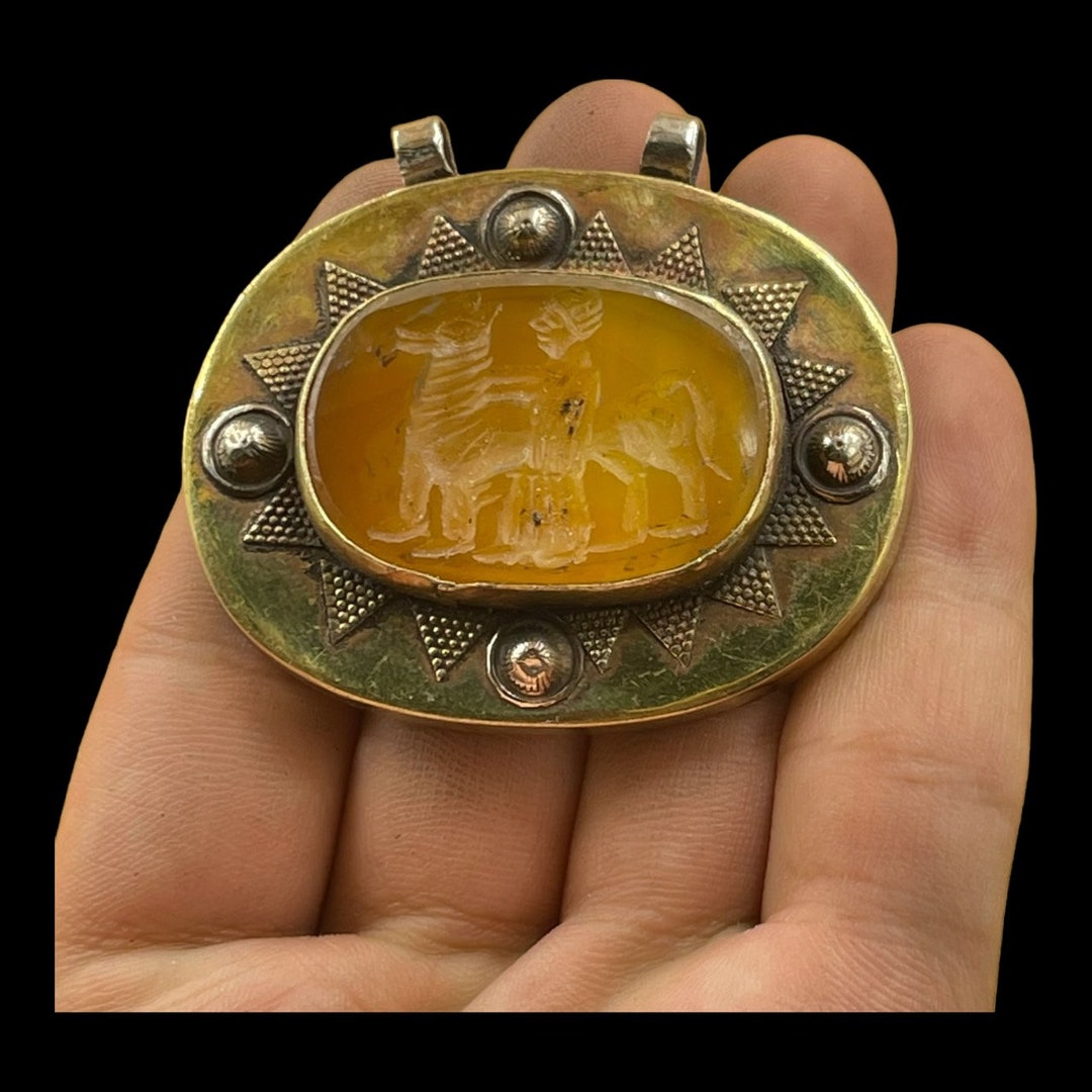Wonderful Ancient Agate Stone Animal Riding Horse Intaglio Brass ...