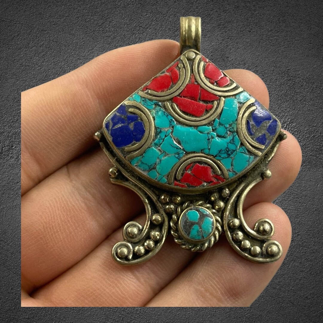 Vintage Tibetan Brass Pendant: Bohemian Multicolor Stone - Etsy