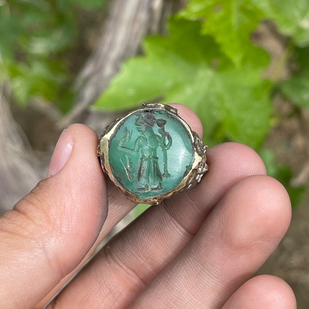Ancient Post Medieval Old Brass Seal Ring With Ancient Stone Intaglio ...
