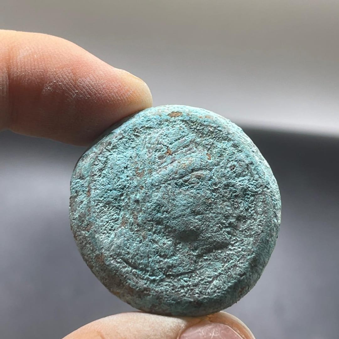 Ancient Bactrian Greco- Bronze Rare Large Coin With Remarkable Patina ...