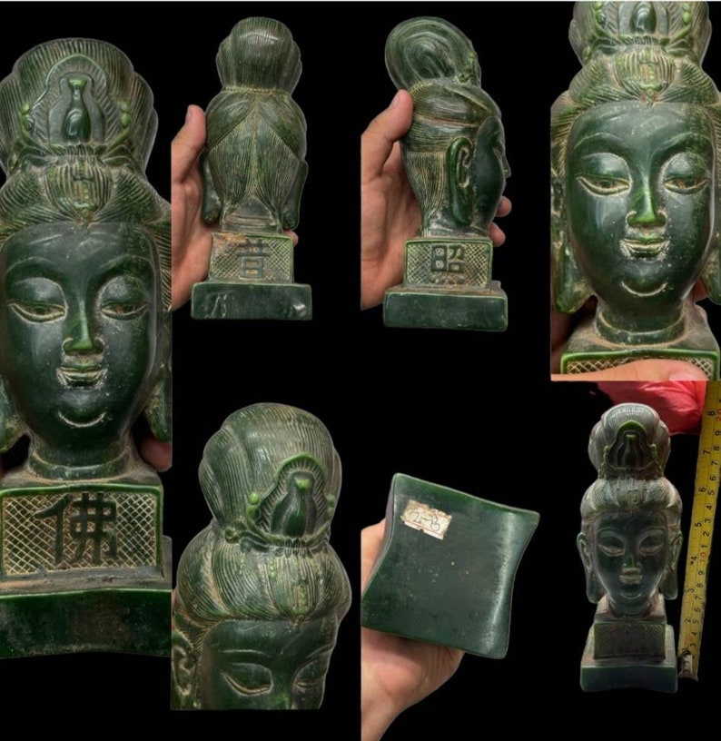 Old Green Jade Stone Carving Budha Head Fragment Statue Stand Ancient ...