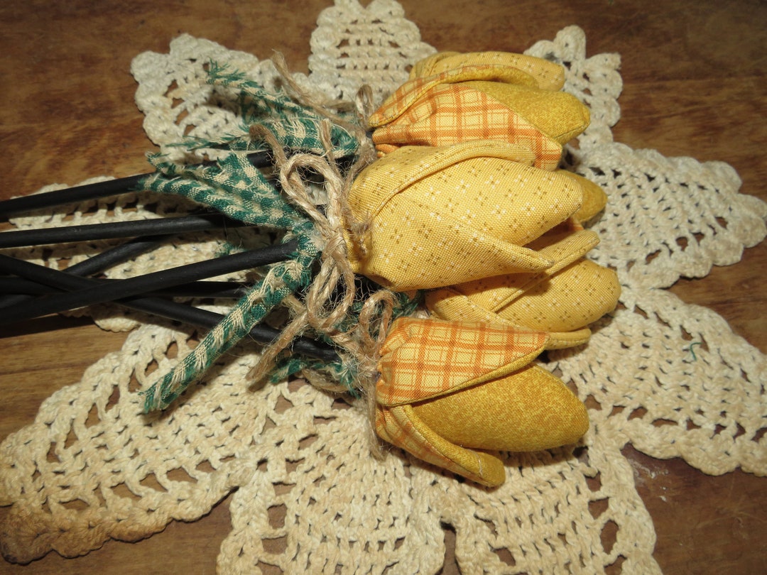 Mini Tulip Picks, Set of 6, Yellow Fabric Flower Pokes, Country ...