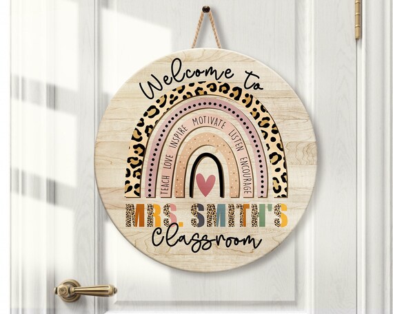 Personalized Teacher Door Sign Boho Leopard Rainbow Teacher - Etsy