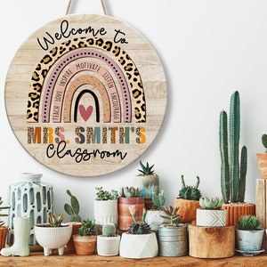 Personalized Teacher Door Sign Boho Leopard Rainbow Teacher - Etsy