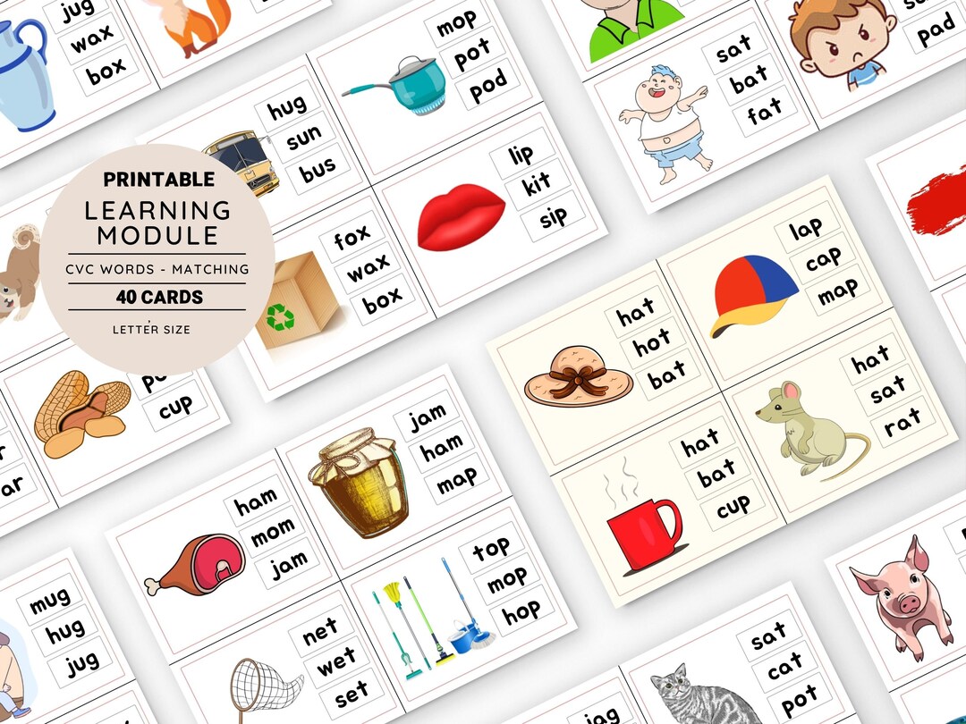 CVC Words Flash Cards Printable, CVC Word Matching, Kindergarten ...