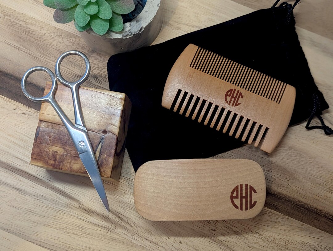 Personalized Beard Grooming Kit: Wood Comb, Beard Brush & Scissors ...