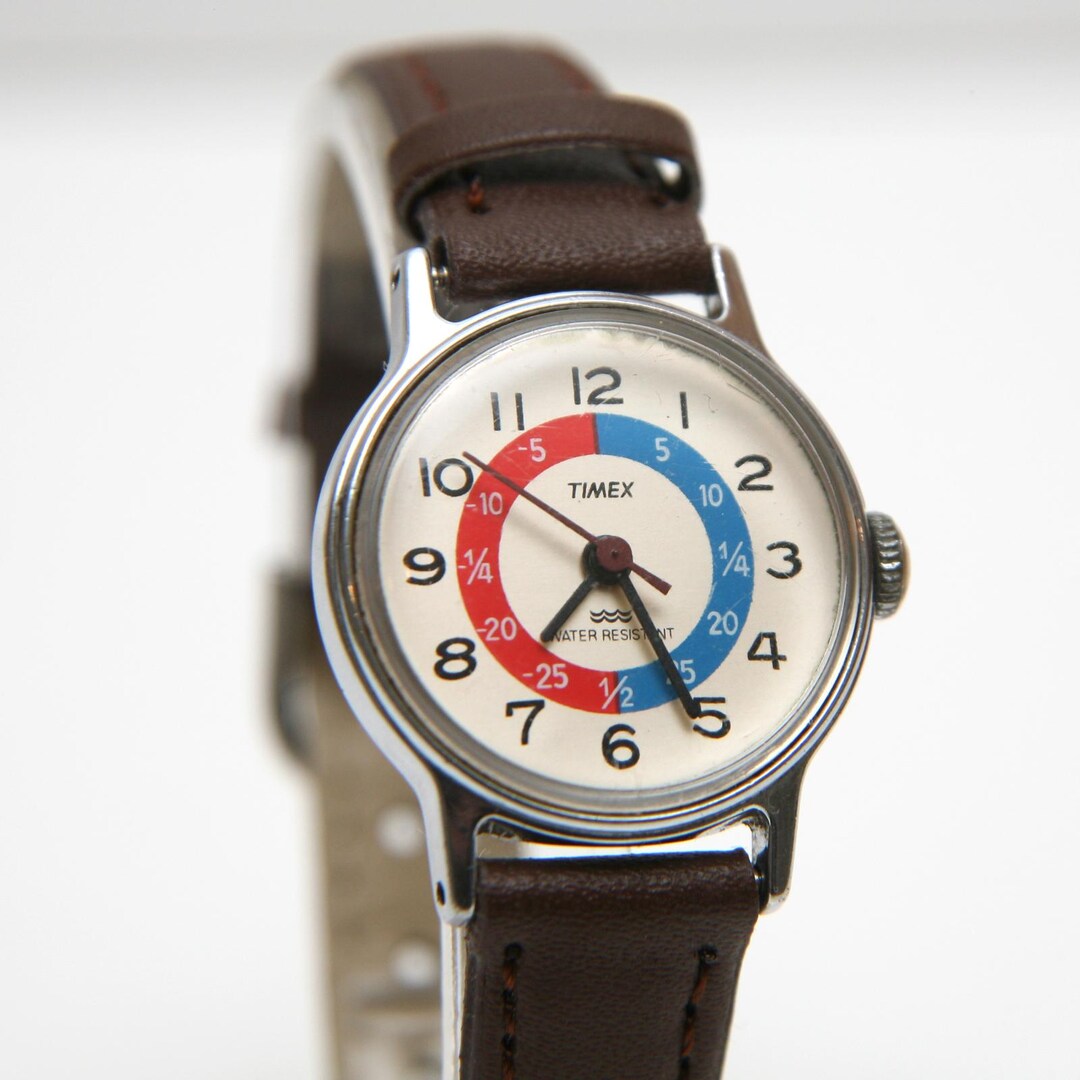 Vintage Timex Time Teaching Mechanical Wind up Kids Watch Red Blue Dial ...