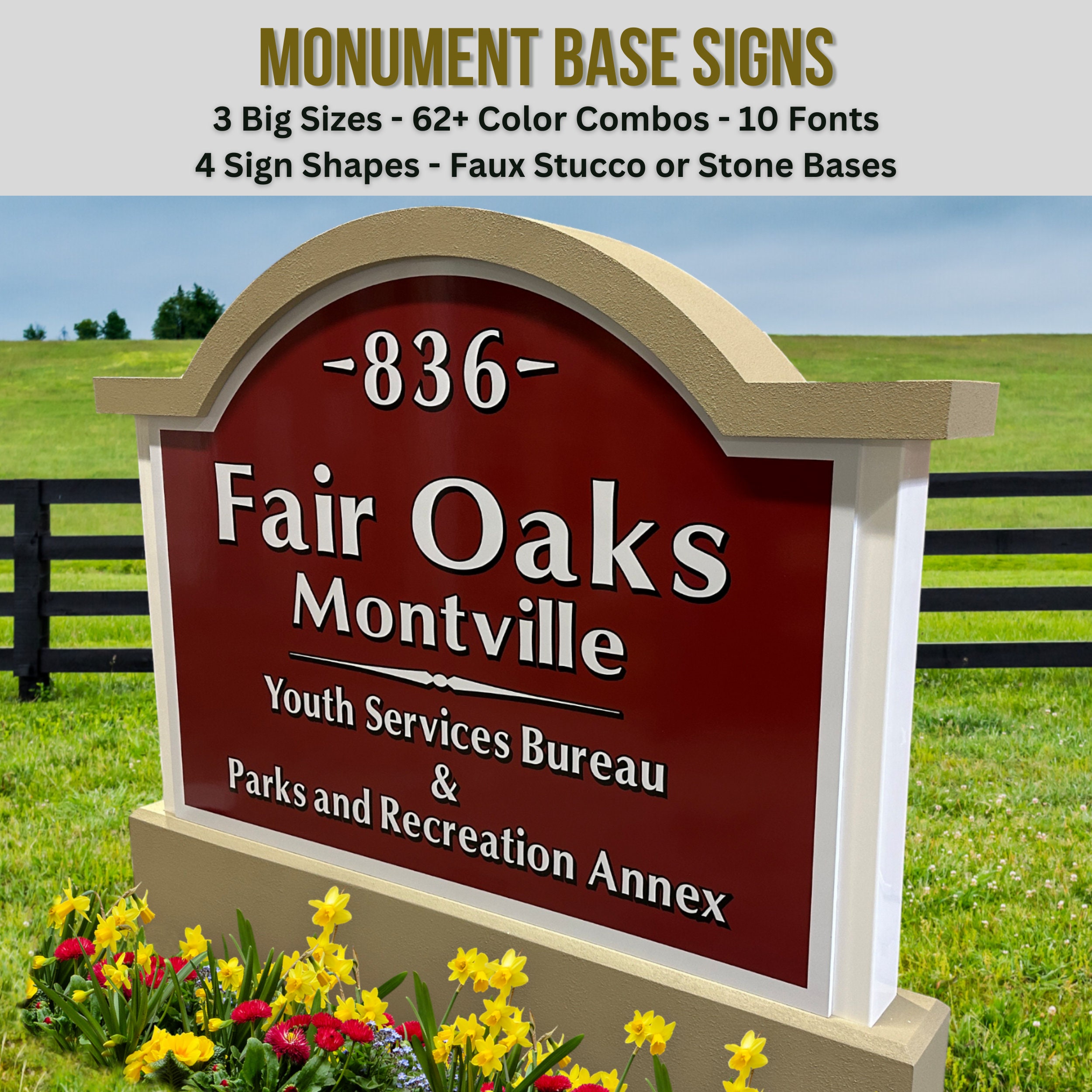 Custom Monument Sign: Business Entrance, Simulated Stucco or Stone Base ...