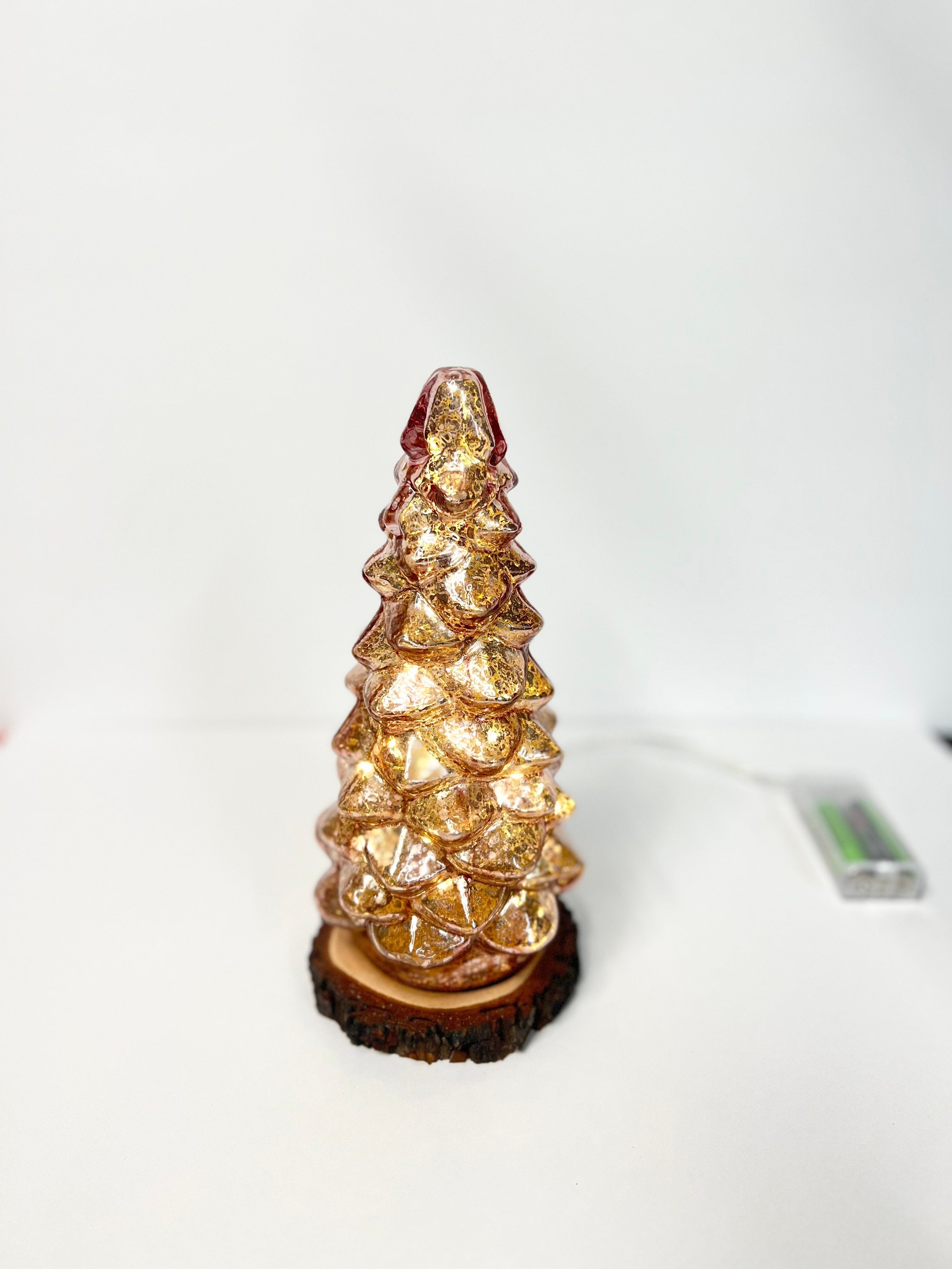 Glass Tree With Wood Base and Batter Powered Leds / Holiday Decoration ...