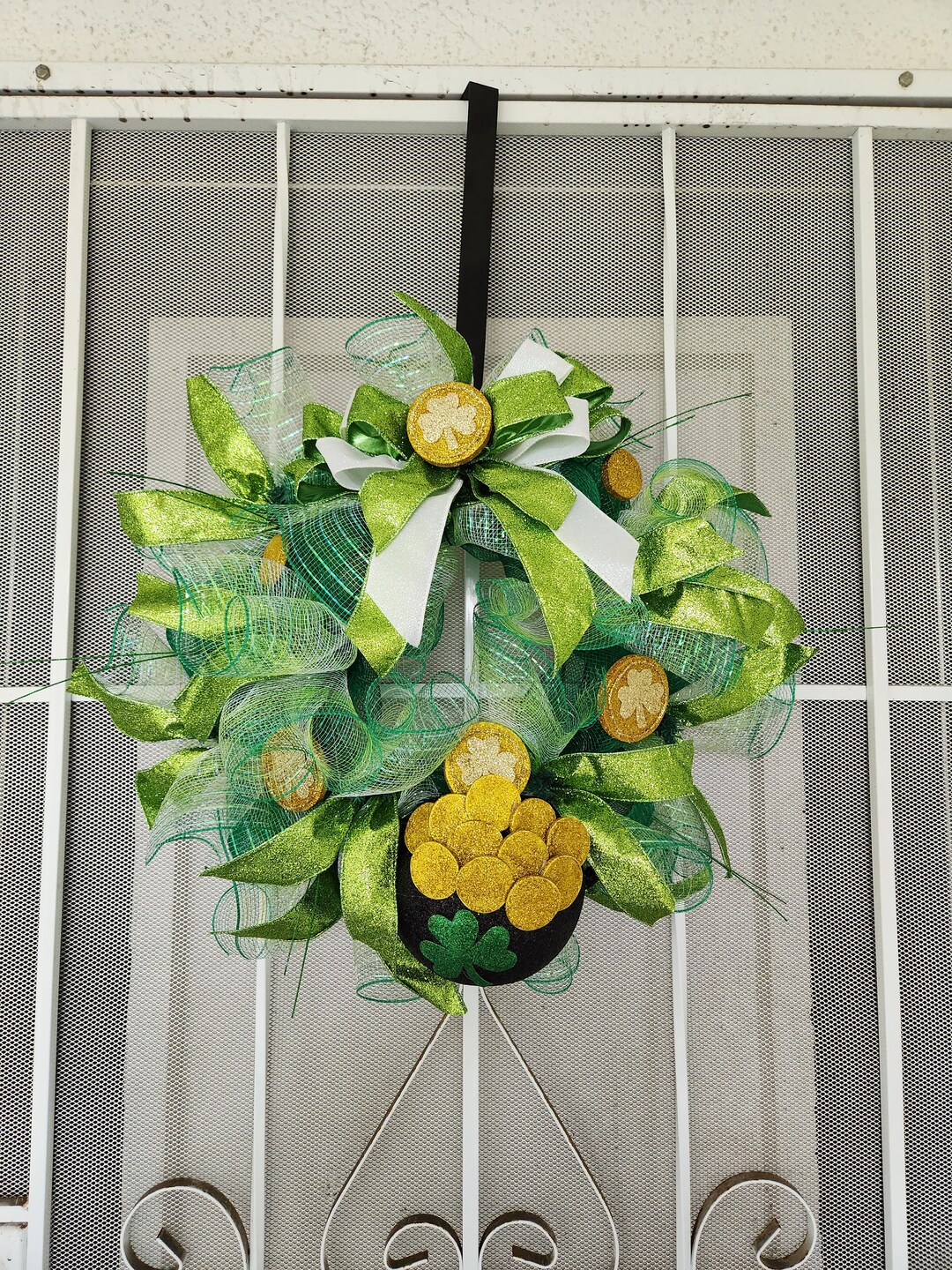 St Patricks Day Wreath St Patricks Decor Pot of Gold Gold Coins Green ...