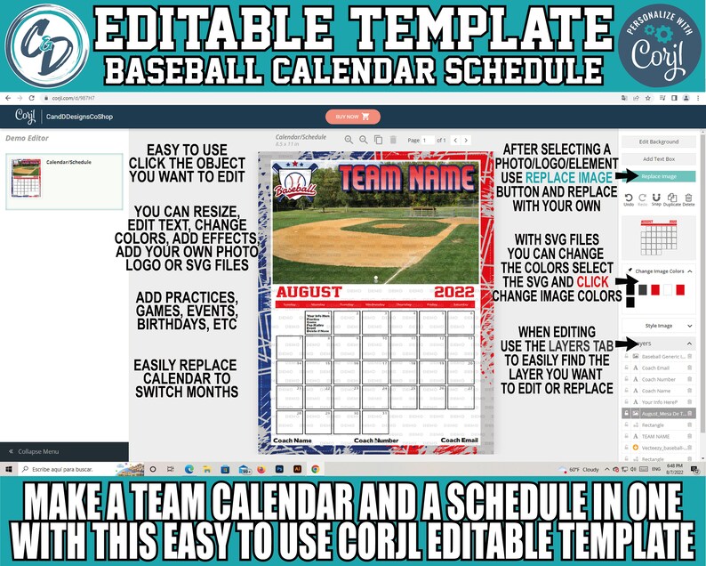 EDITABLE and PRINTABLE Baseball Calendar Schedule Template - Etsy