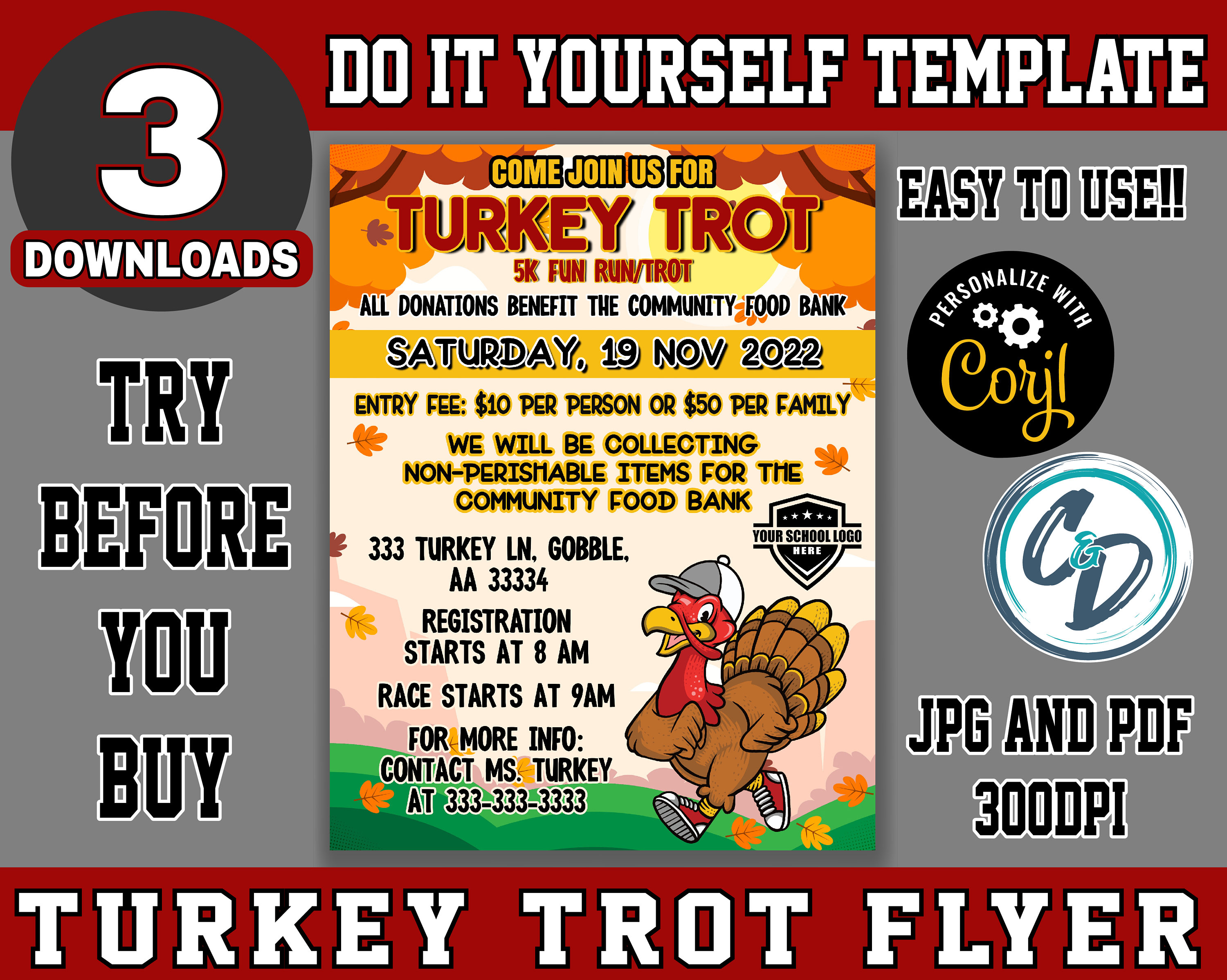 EDITABLE and PRINTABLE Turkey Trot Flyer Template Custom - Etsy