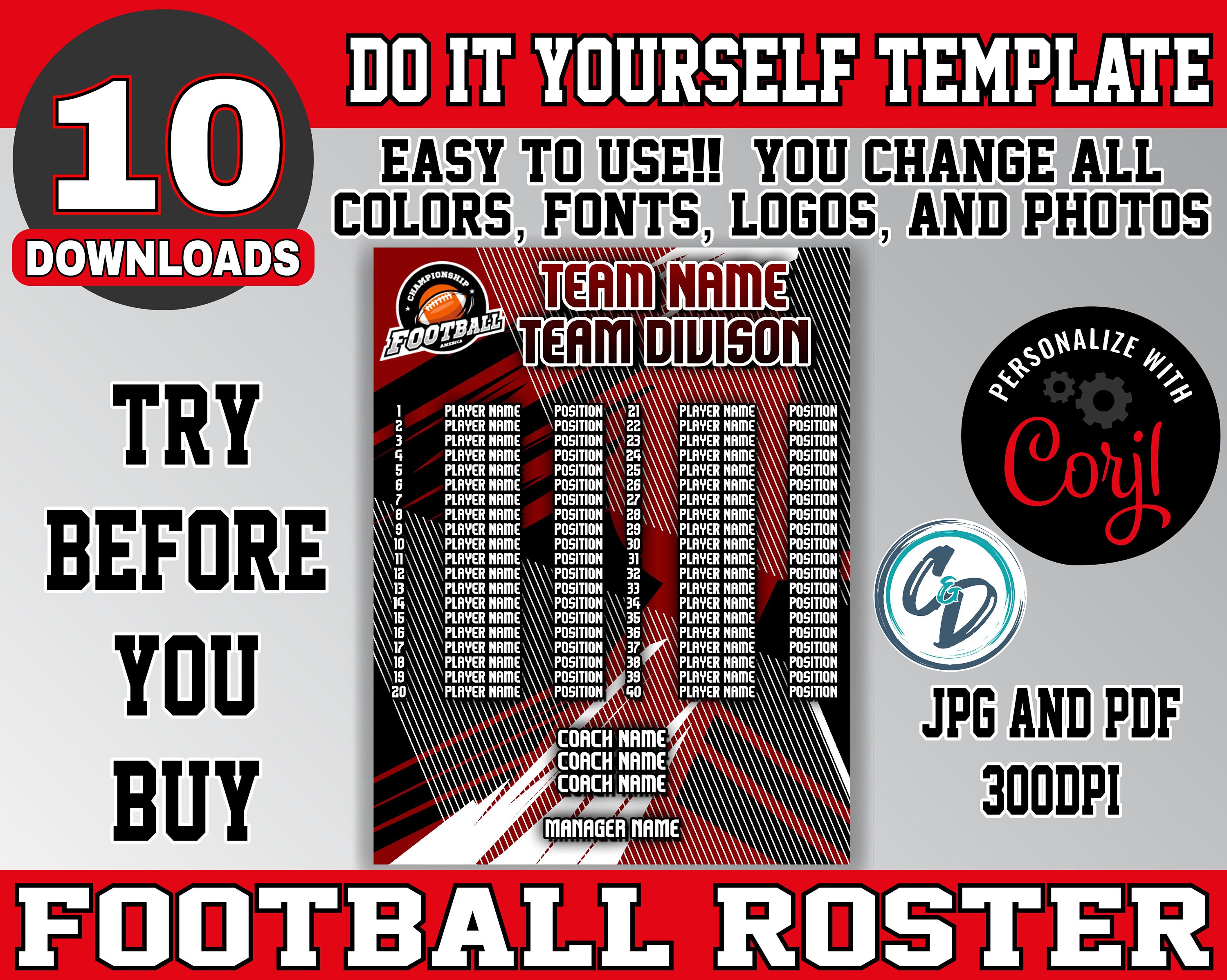 EDITABLE and PRINTABLE Football Roster Sheet Template Custom - Etsy