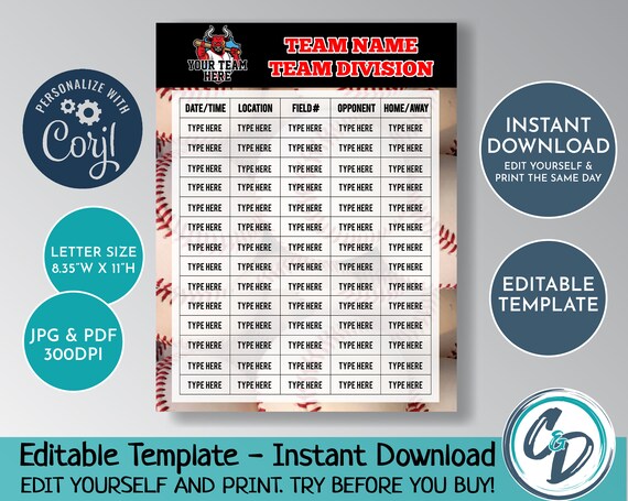 EDITABLE and PRINTABLE Baseball Game Schedule Template Custom - Etsy