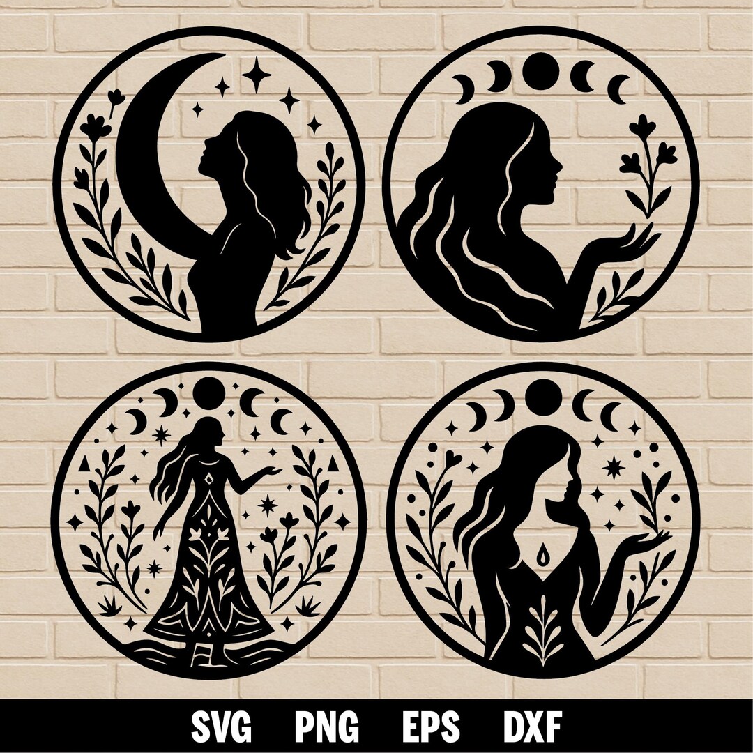 Moon Phases Celestial Woman Silhouette SVG PNG DXF | Witchy Boho Vector ...