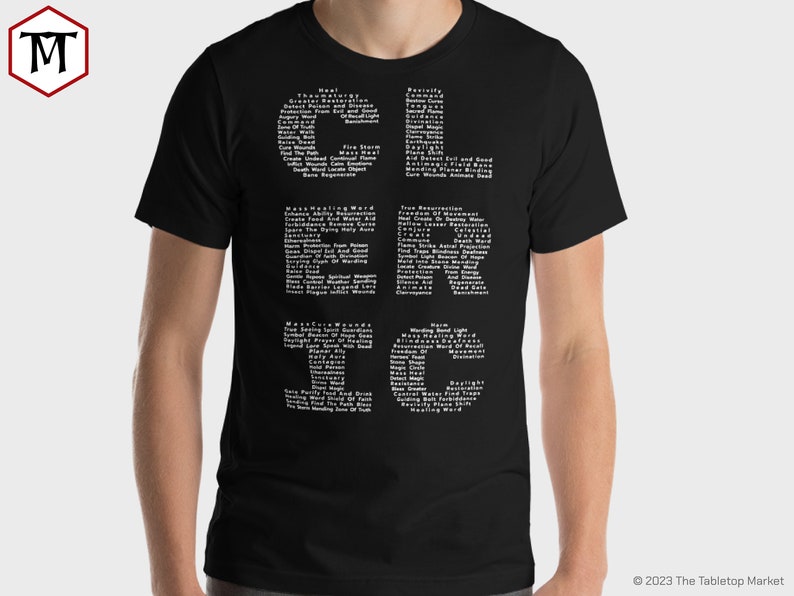Cleric letters of 5e SRD Spells T-shirt All Cleric Class Character ...