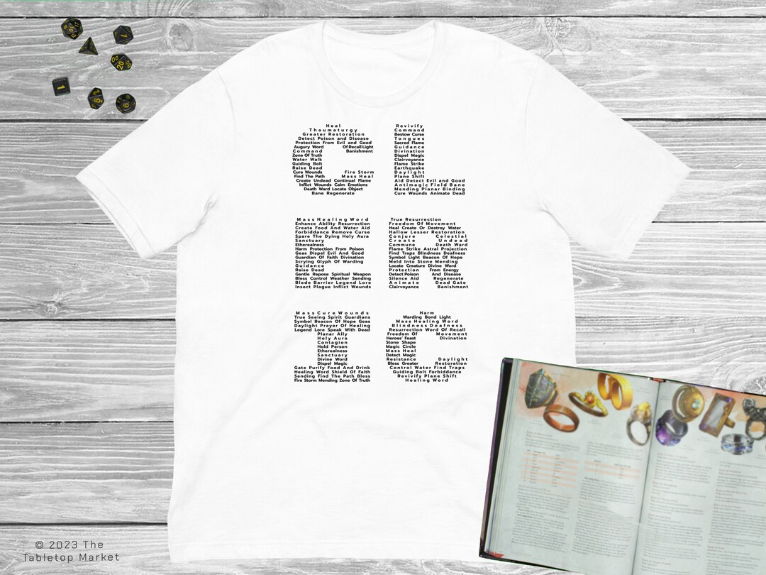 Cleric (letters of 5e SRD Spells) T-shirt - All Cleric Class Character ...