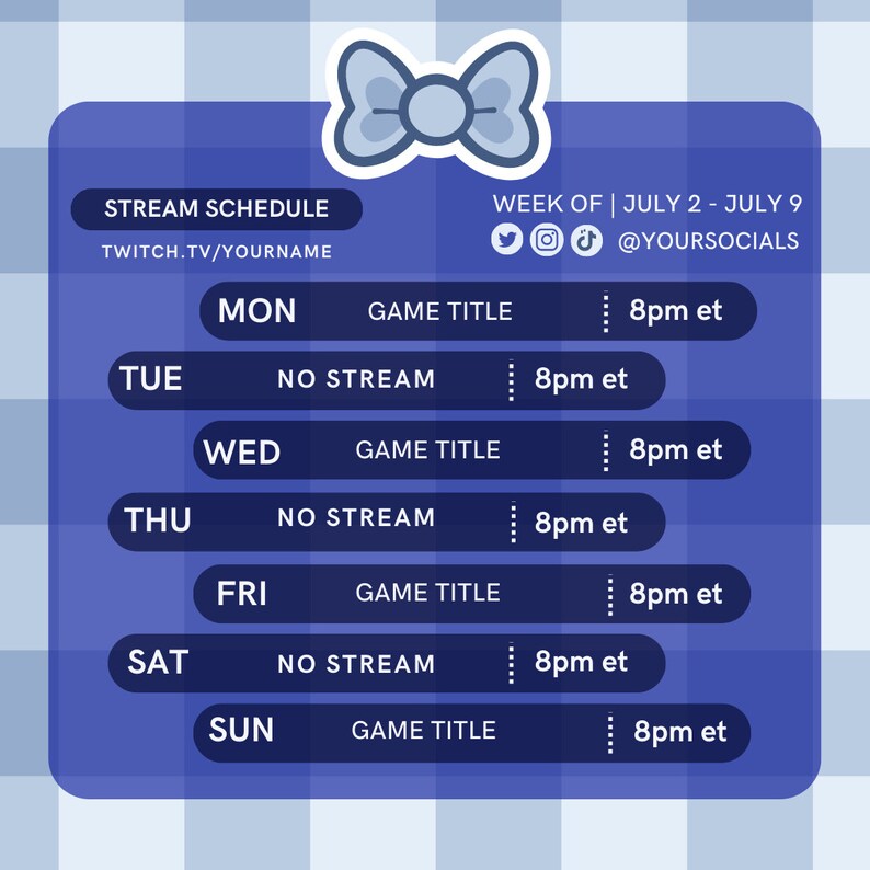 Cute Blue Bow Stream Schedule | Vtuber Schedule | Simple Weekly ...