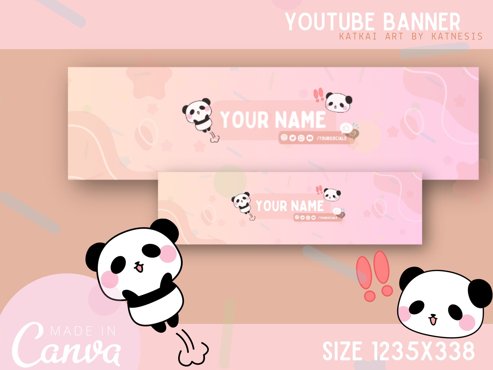 Cute Panda Youtube Banner | CANVA TEMPLATE - Etsy