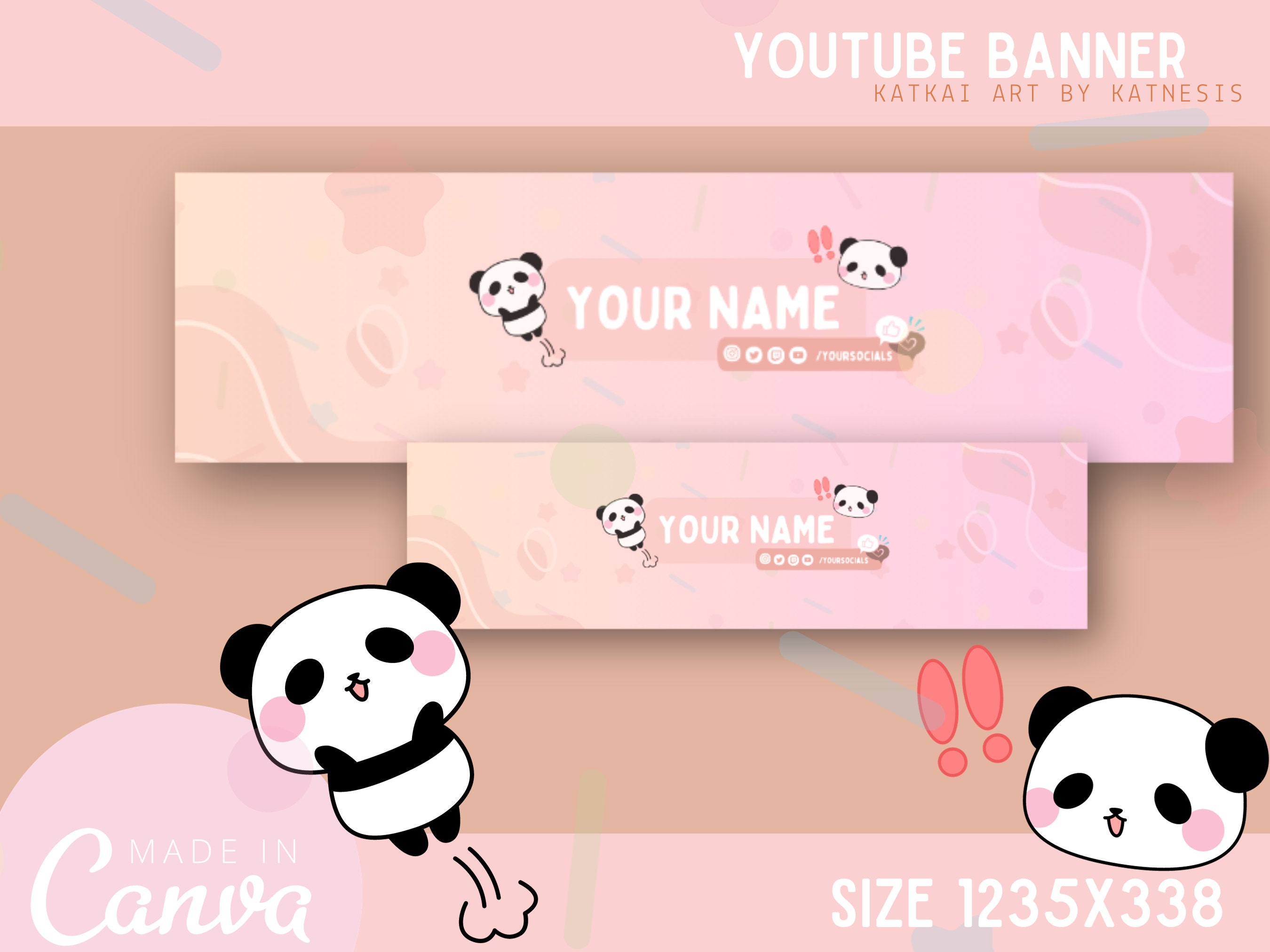 Cute Panda Youtube Banner CANVA TEMPLATE - Etsy