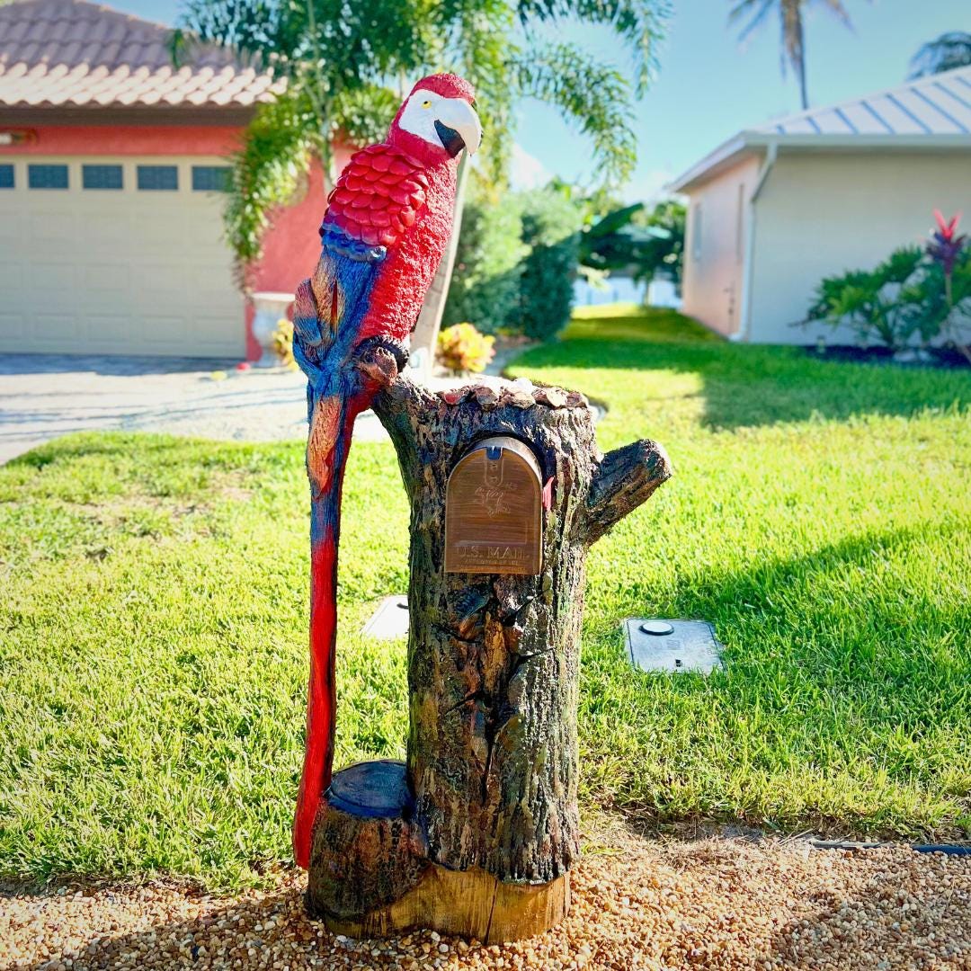 Handcrafted Macaw Parrot Mailbox Statue Bird Sculpture: Unique Coastal ...