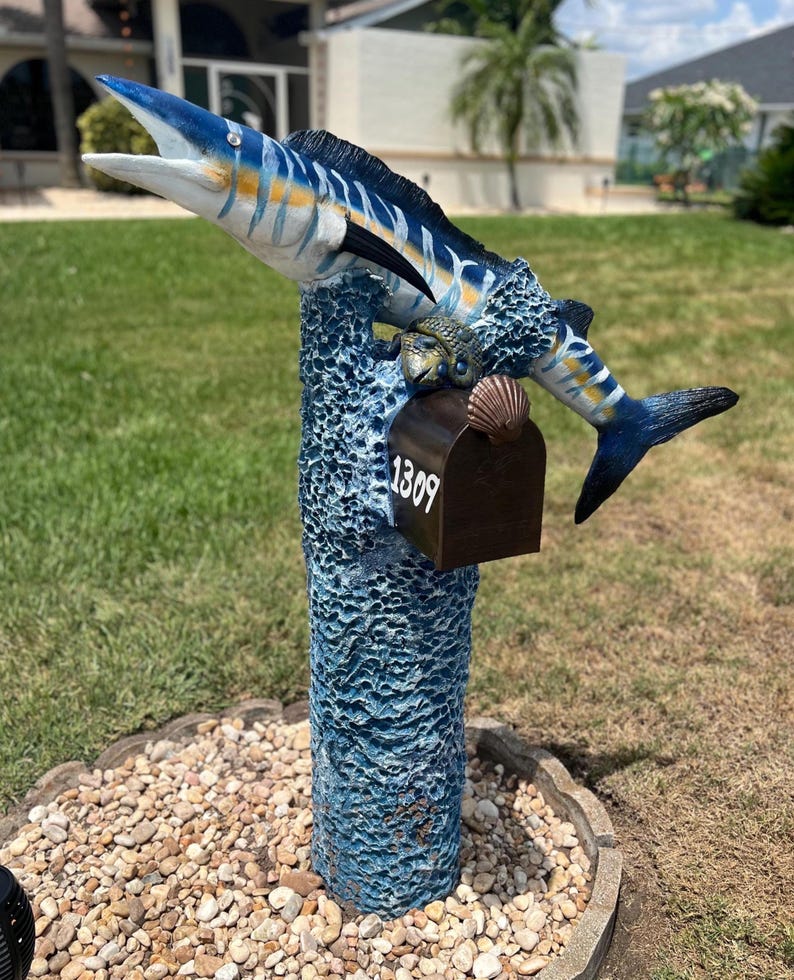 Handcrafted Wahoo Fish Mailbox Sculpture: Unique Coastal Nautical Decor ...