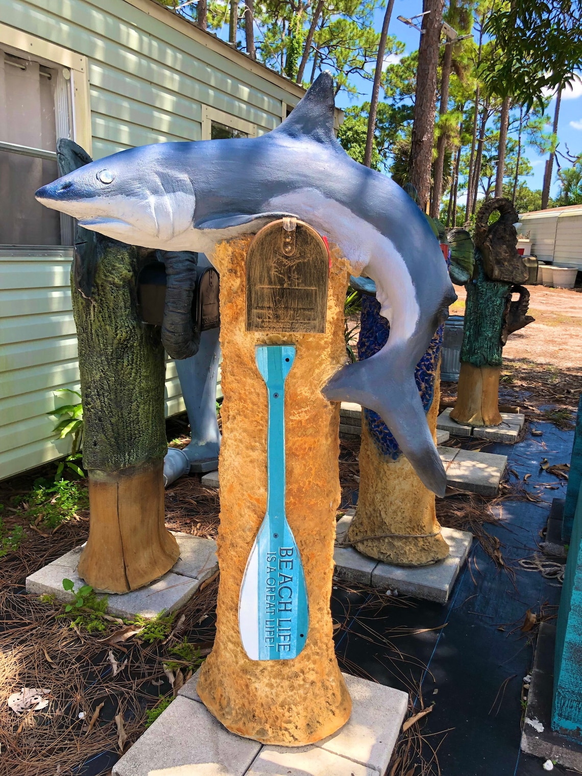 Handcrafted Great White Shark Mailbox Statue – Unique Custom Yard Art ...