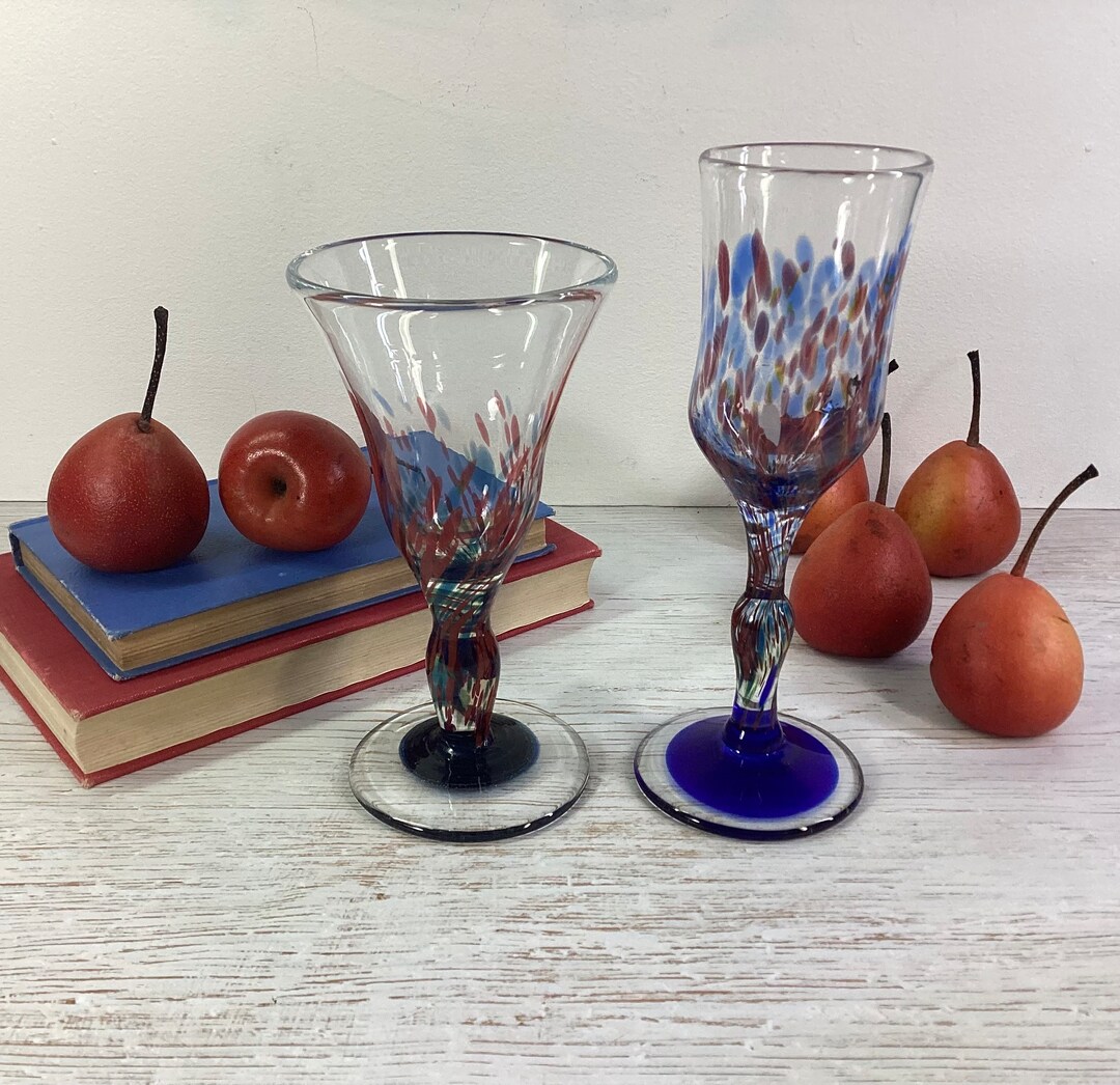Hand Blown Art Glass Wine Goblets: Gerry Reilly Studio, Signed Vintage ...