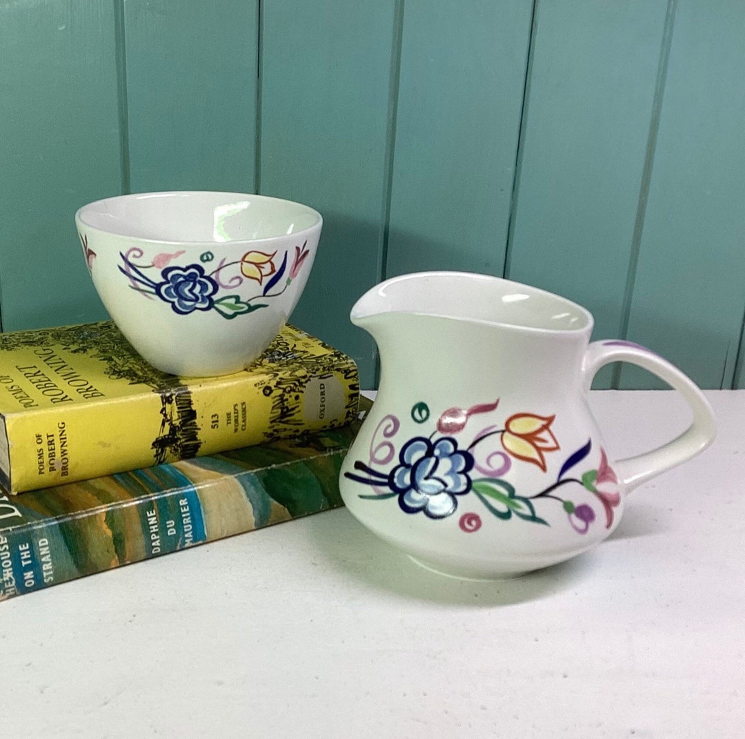 Vintage Poole Pottery Creamer & Sugar Bowl Set: Hand-painted Floral Mid ...