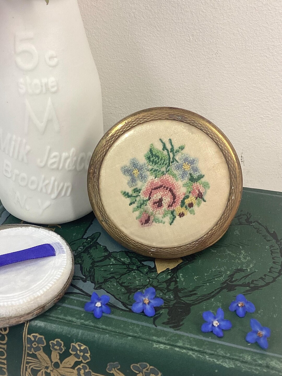 Vintage Petit Point Compact With Mirror Vintage Brass Ladies Powder ...