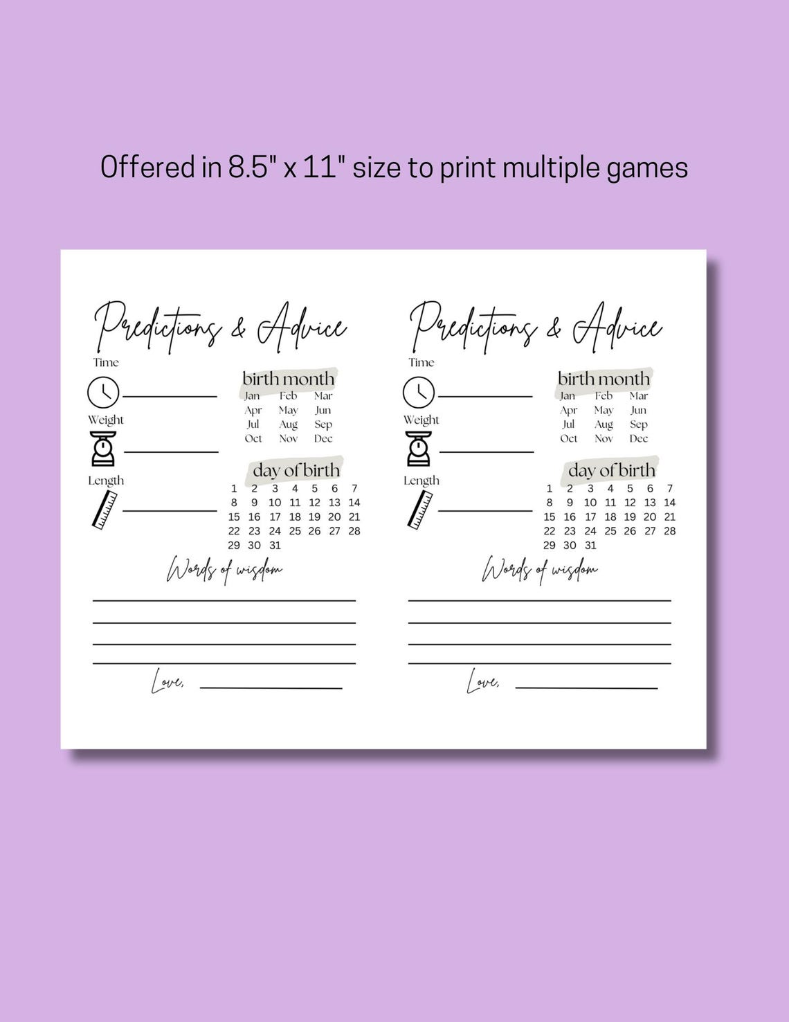 Predictions & Advice Baby Shower Game Printable PDF Non-customizable ...