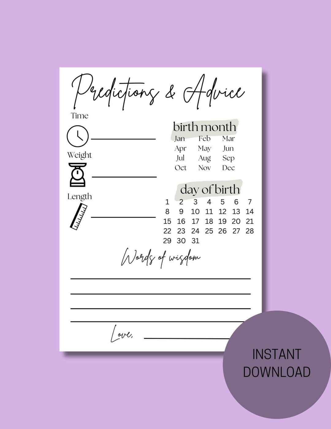 Predictions & Advice Baby Shower Game Printable PDF Non-customizable ...