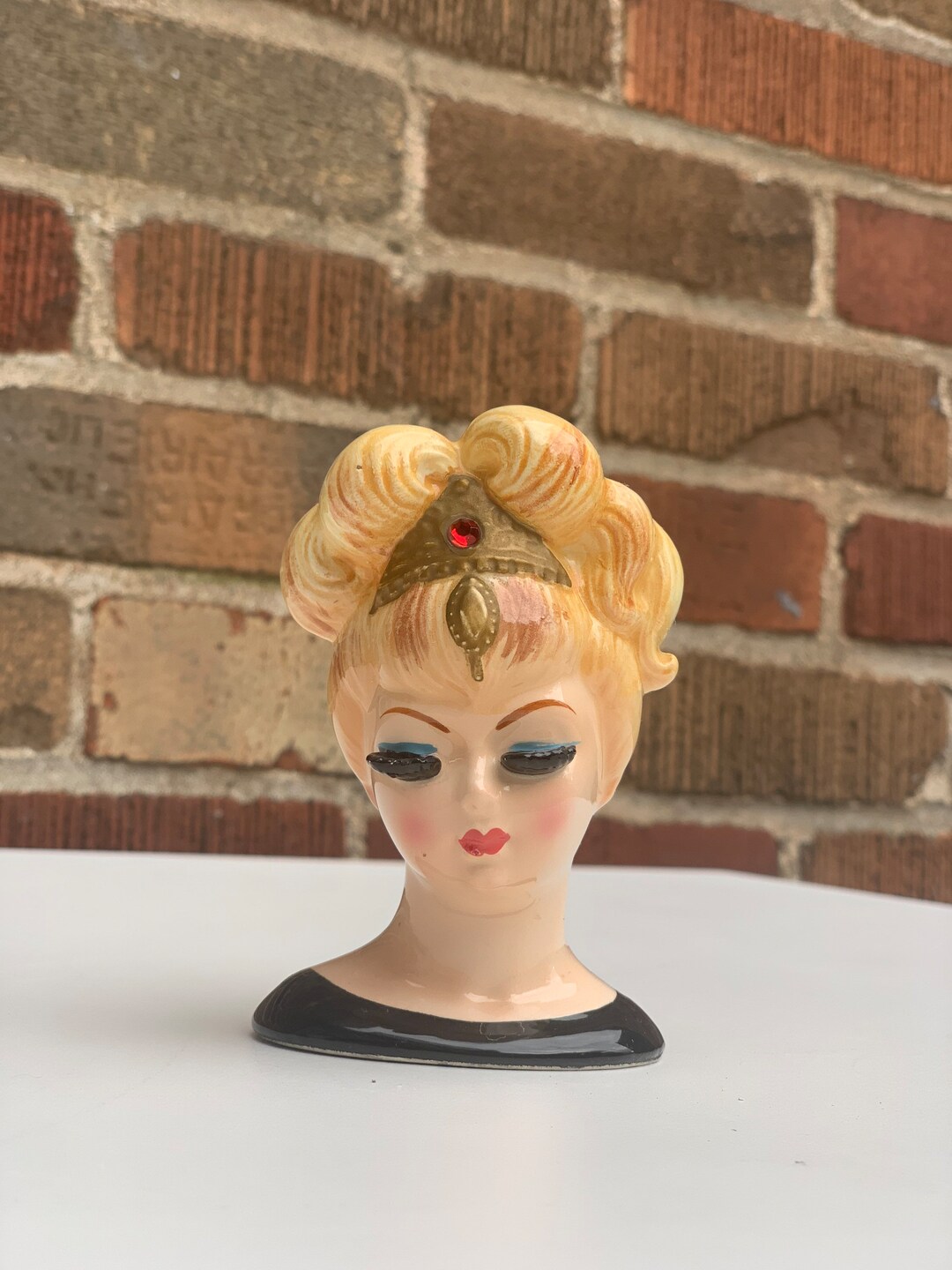 Lady Head Vase, Ceramic Head Planter, Tiara With Red Rhinestone ...